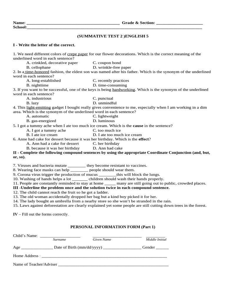 Summative Test Grade 5 (All Subjects) Cycle 1 & 2 | PDF