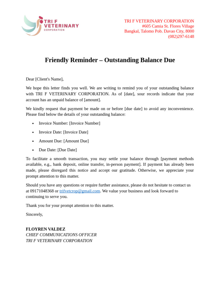 Outstanding Balance Reminder Notice | PDF