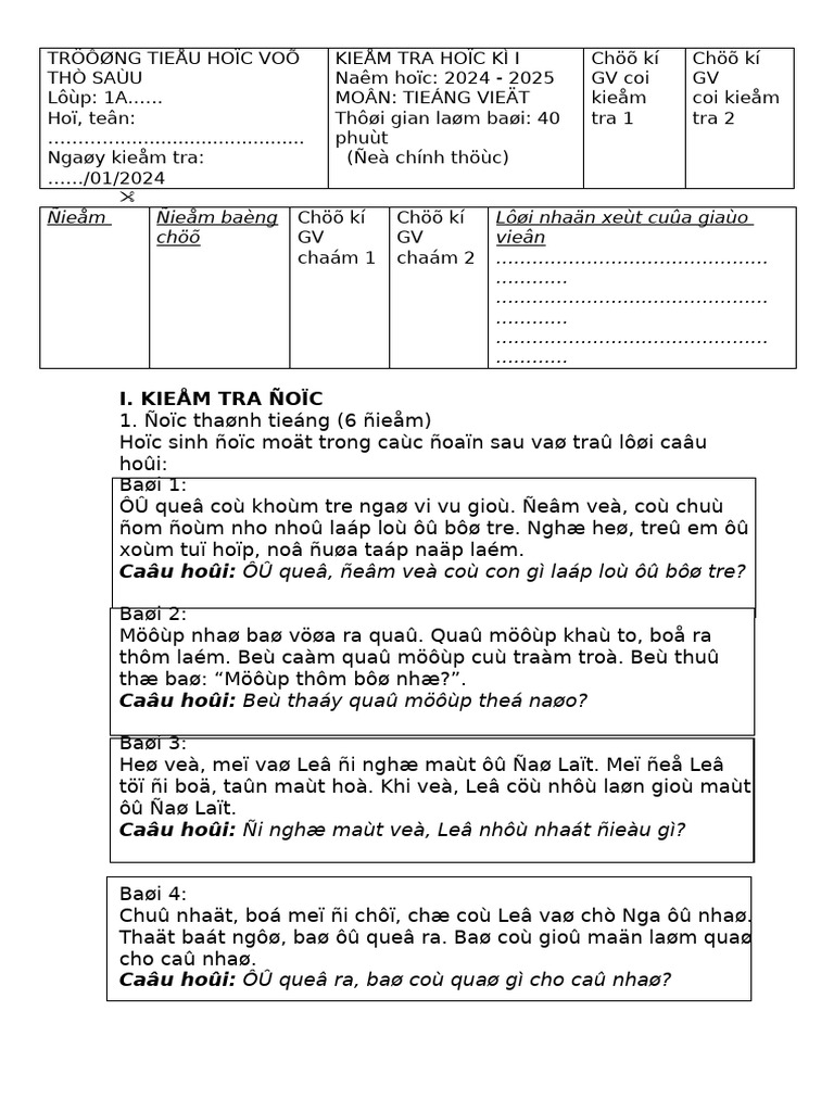 ĐỀ TV LỚP 1 CTST HKI | PDF
