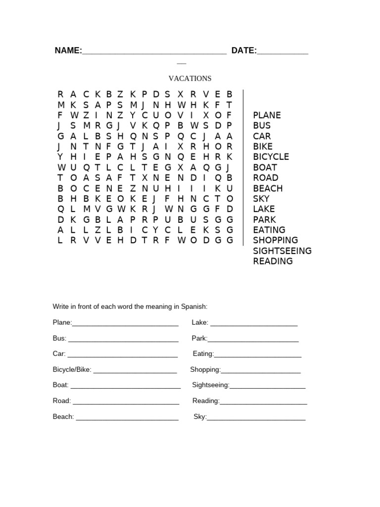 Vacation Vocabulary with Spanish Translations | PDF