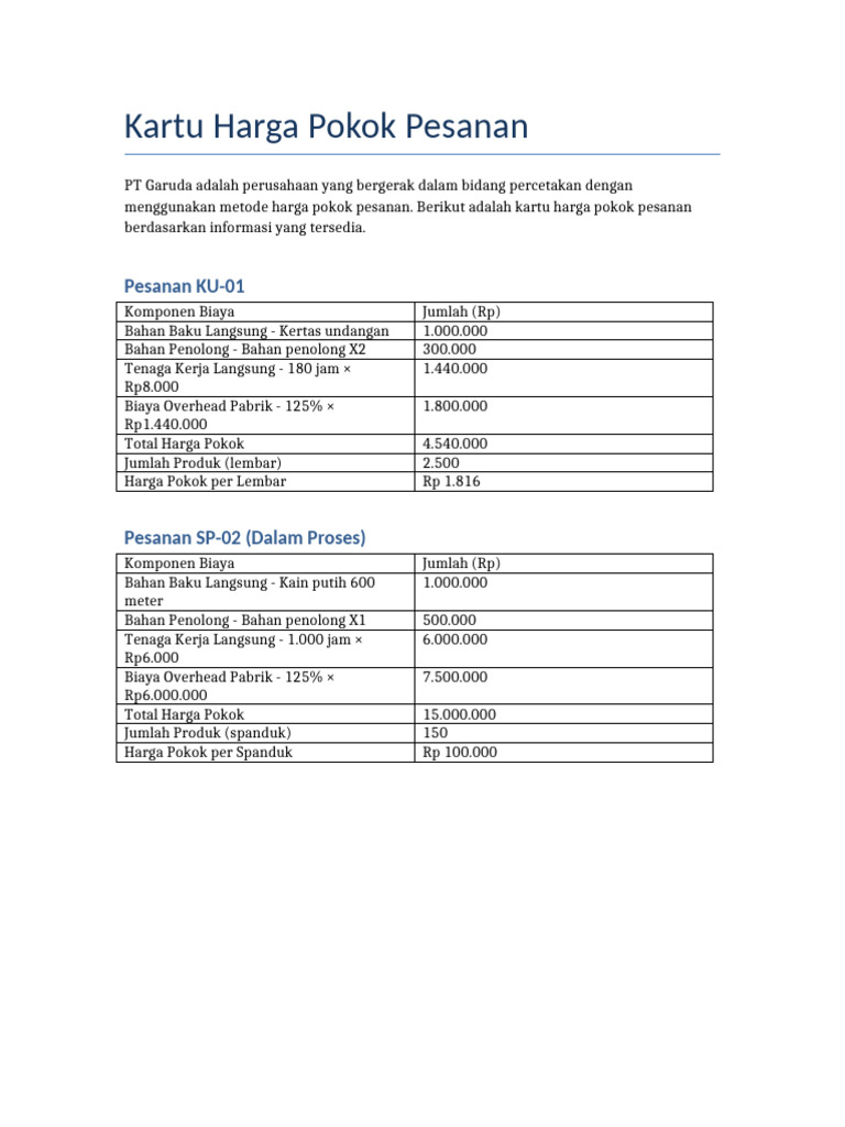 Kartu Harga Pokok Pesanan PT Garuda | PDF