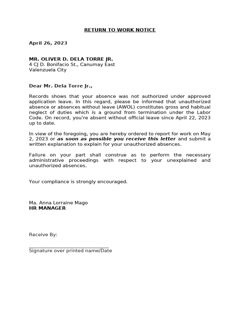Return to Work Notice for AWOL Employee | PDF