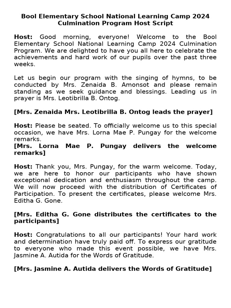 Bool Elementary School National Learning Camp 2024 Culmination Program ...