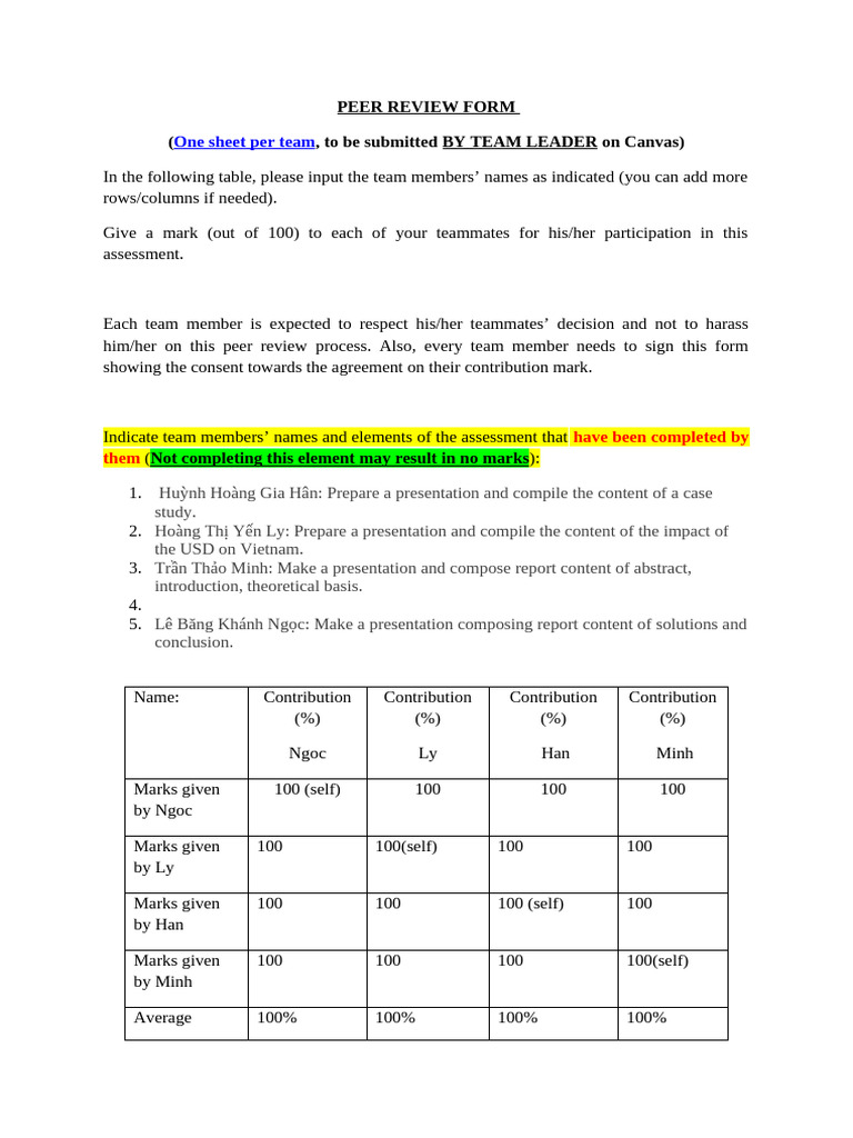 Team Peer Review Form Template | PDF