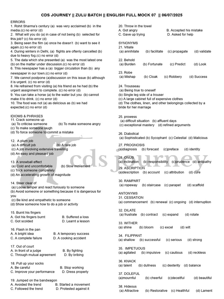 CDS Journey Mock Test: Full English 07 | PDF | To Kill A Mockingbird | Verb