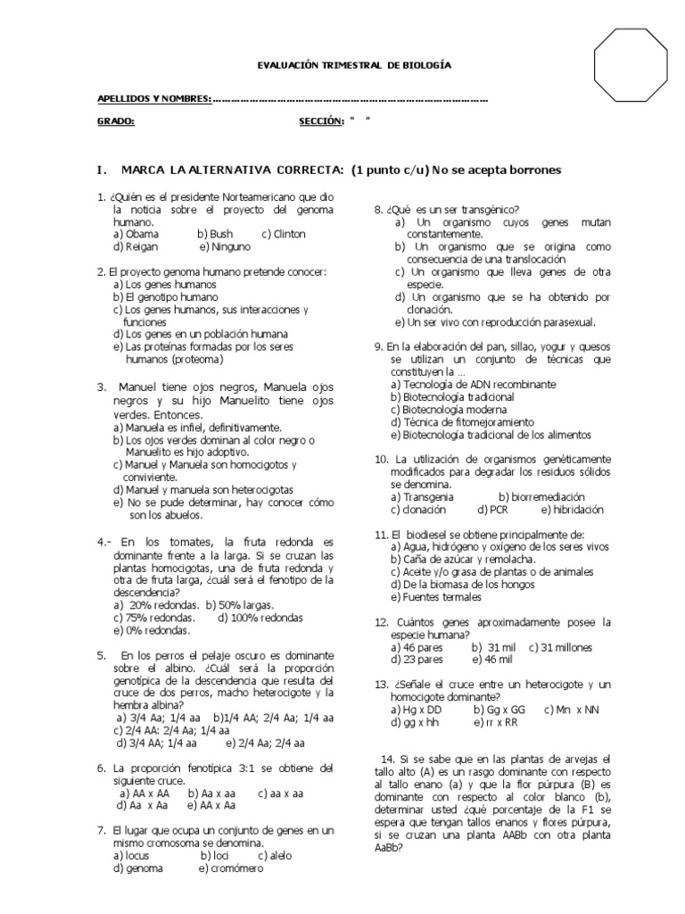 Evaluación de Biología Genetica | PDF | Dominancia (Genética) | Genética