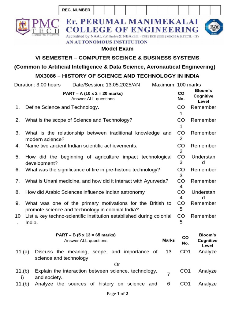 Model Exam QP III Yr VI Sem CSBS - MX3086 Histroy of Science and ...