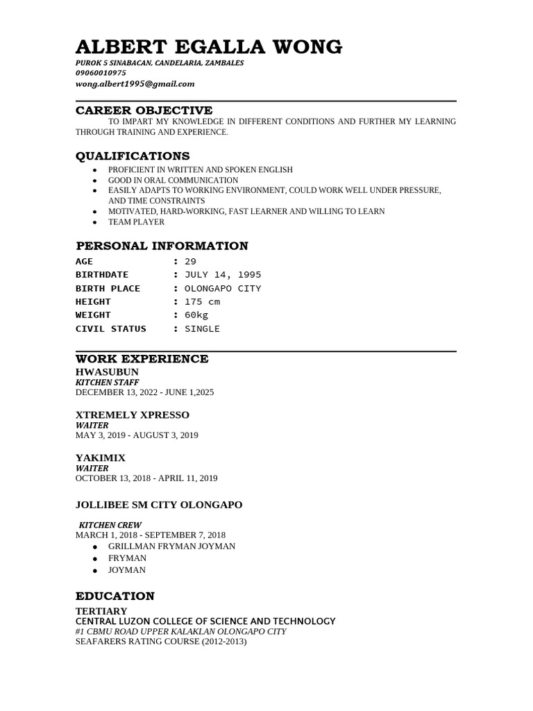 Albert Wong's Resume and Qualifications | PDF