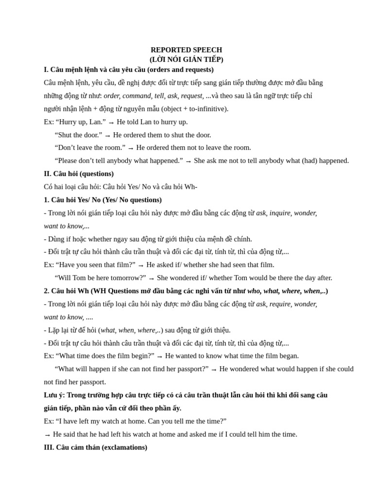 Indirect Speech: Rules and Examples | PDF