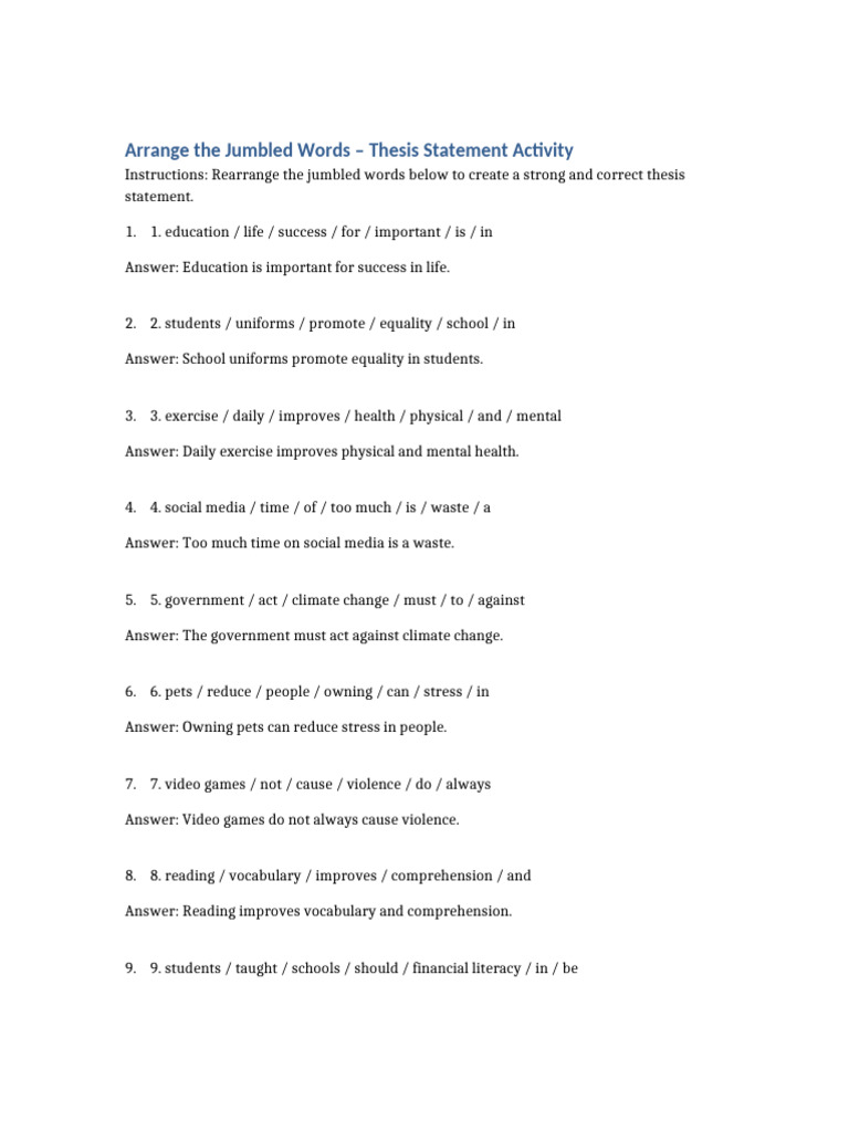 Thesis Statement Arrangement Activity With Answer Key | PDF | Reading ...