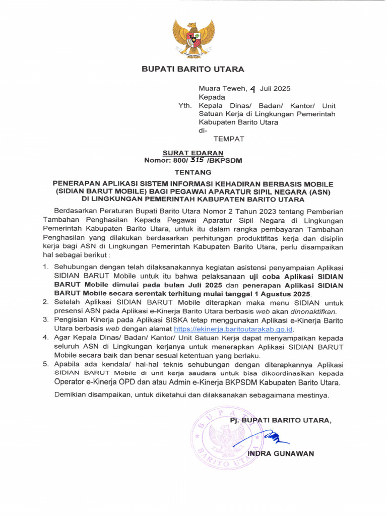 Surat Edaran Penerapan Aplikasi Sidian Barut Mobile 2025 | PDF