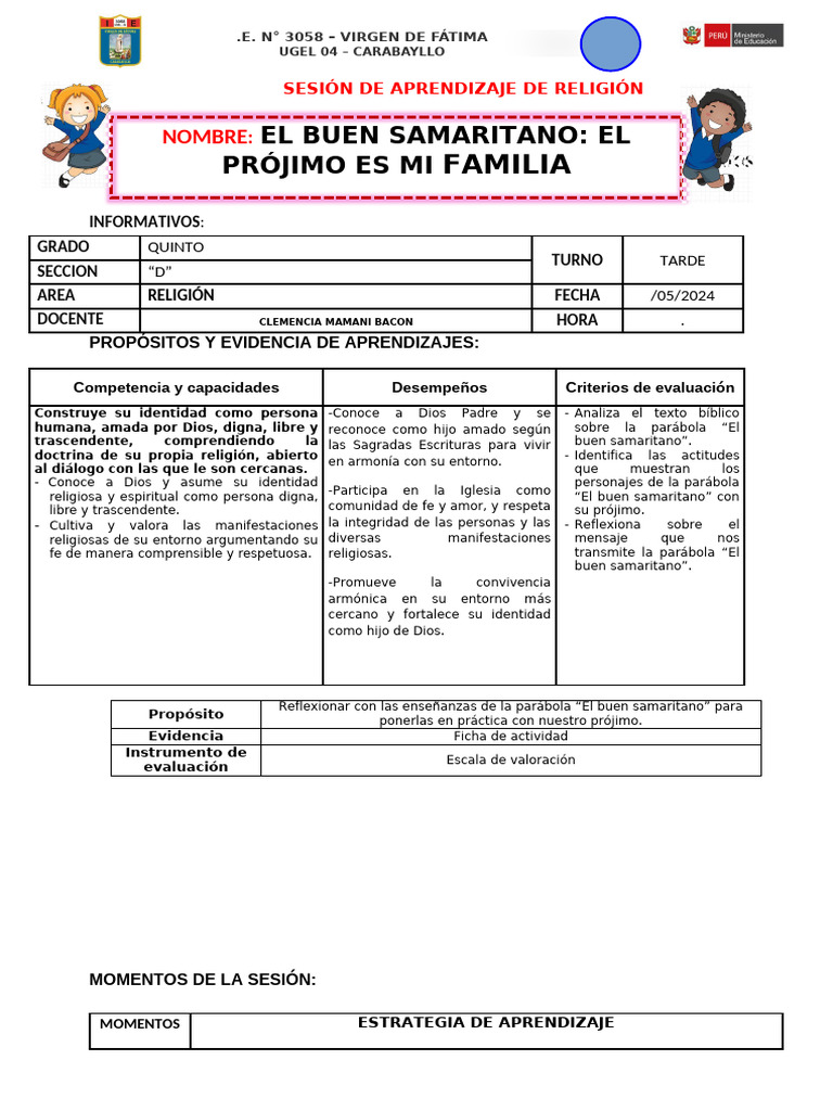 Religión SESIÓN DE APRENDIZAJE #1 EL BUEN SAMARITANO EL PRÓJIMO ES MI ...