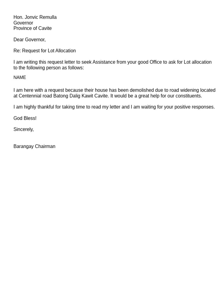 Letter For Lot Allocation | PDF