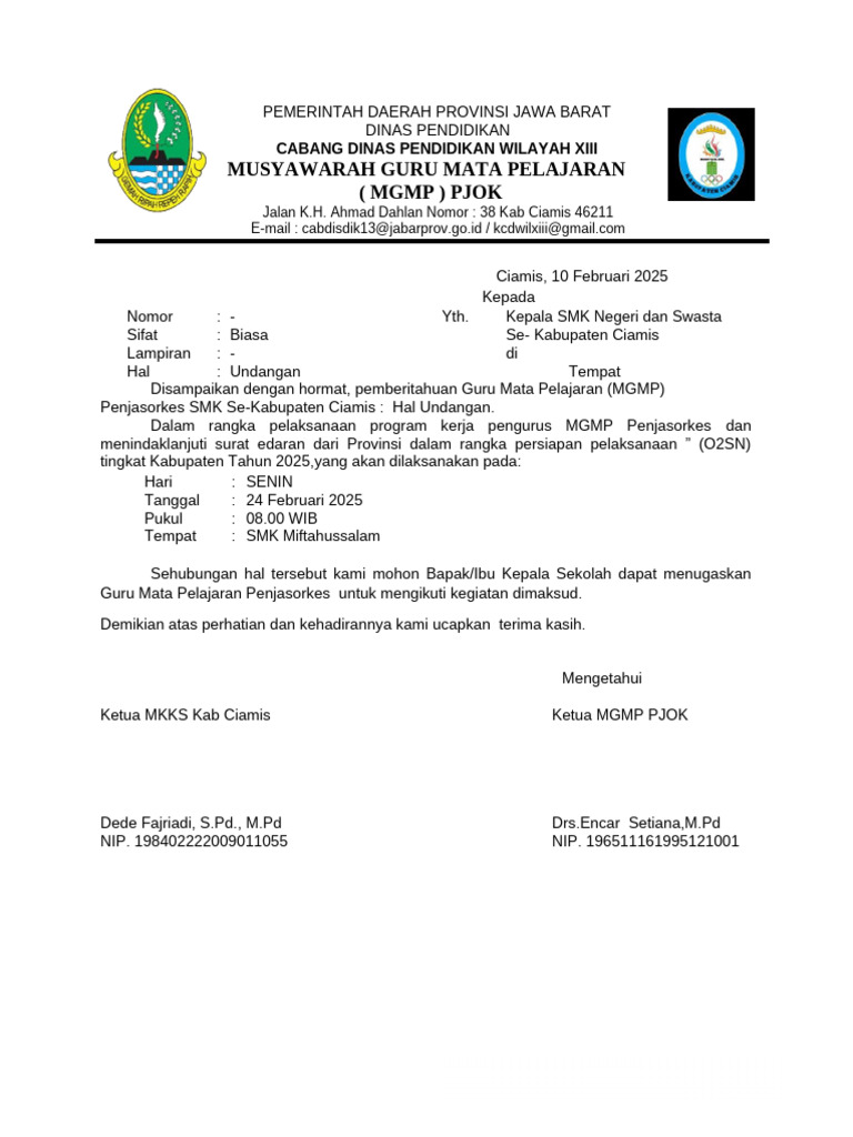 Rev-Surat Undangan MGMP Pjok 2025 | PDF