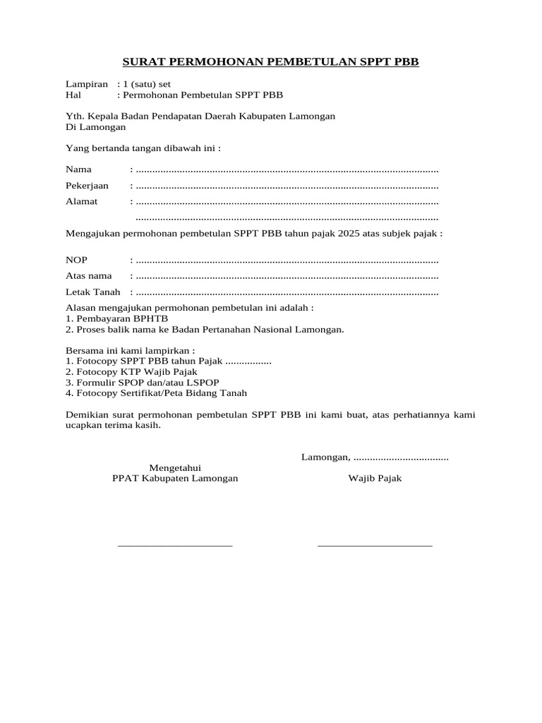 Surat Permohonan Pembetulan SPPT PBB Notaris | PDF