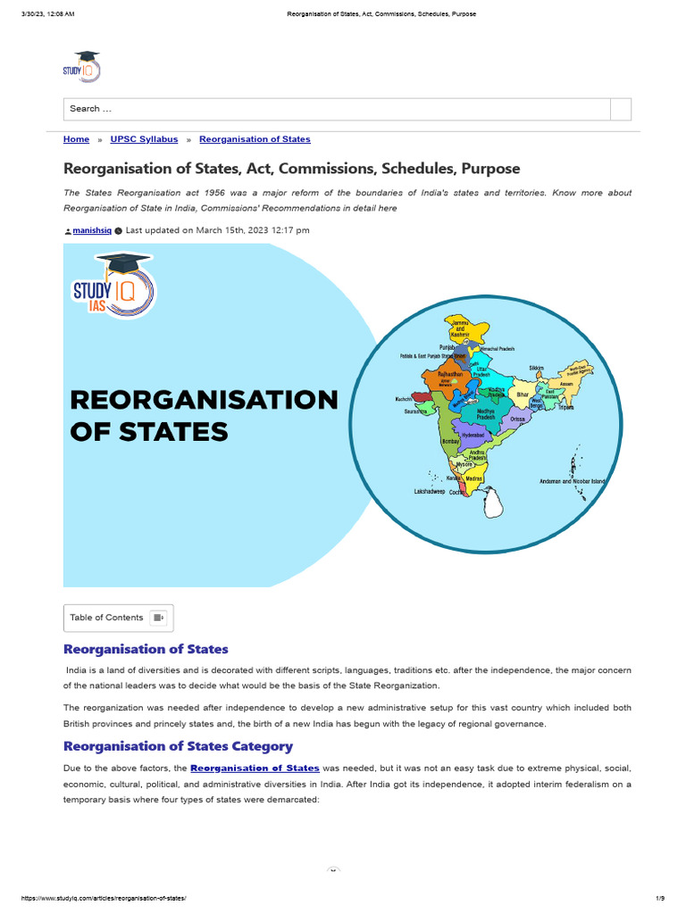 State Reorganisation Act 1956 Overview | PDF | Politics Of India ...