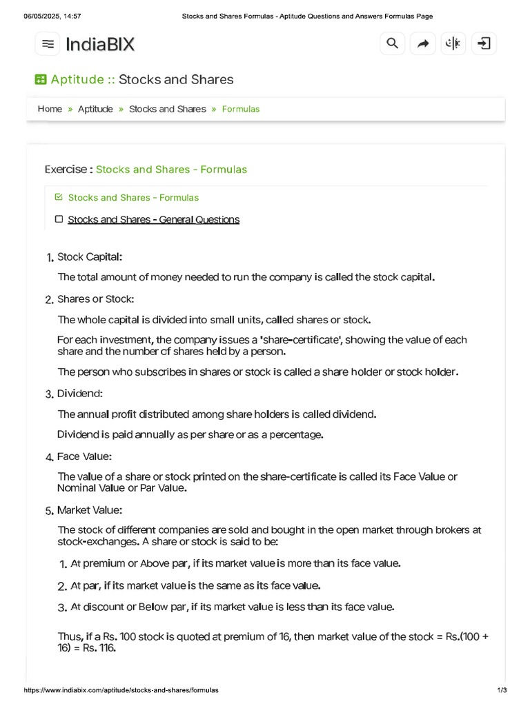 Stocks and Shares Formulas - Aptitude Questions and Answers Formulas ...