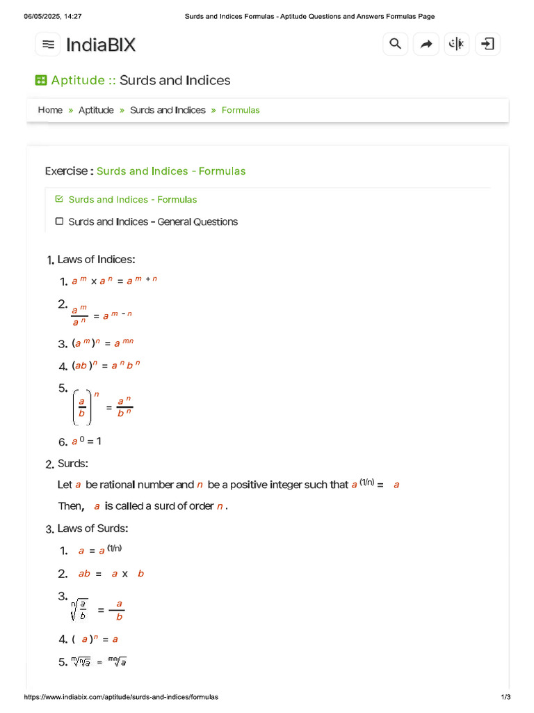 Surds and Indices Formulas - Aptitude Questions and Answers Formulas ...