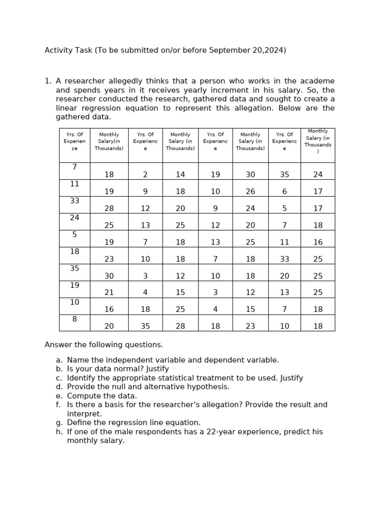 Activity Task Correlation and Regression | PDF | Regression Analysis ...