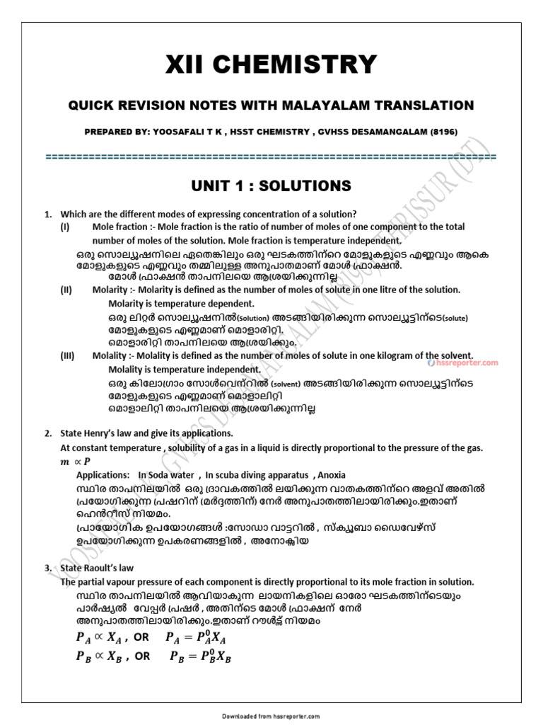 Plus Two Chemistry Quick Revision With Mal by Yoosafali TK ...