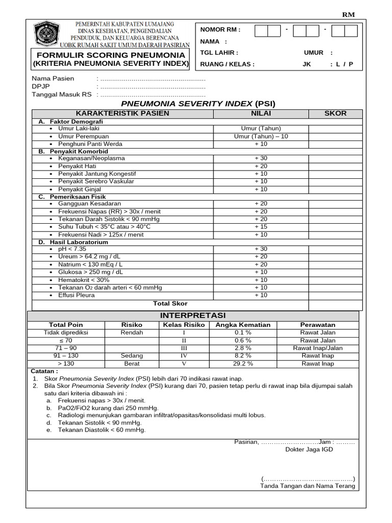 Skoring Pneumonia Severity Index (PSI) | PDF