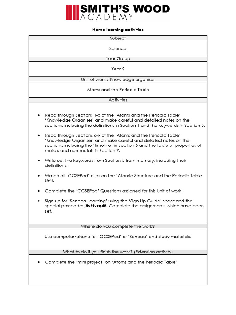 Year 9 Science: Atoms & Periodic Table Activities | PDF | Atoms | Ion