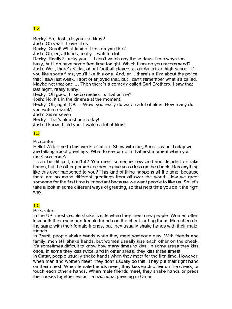 Roadmap A2 Student's Book Audio Scripts | PDF | Foods | Cuisine