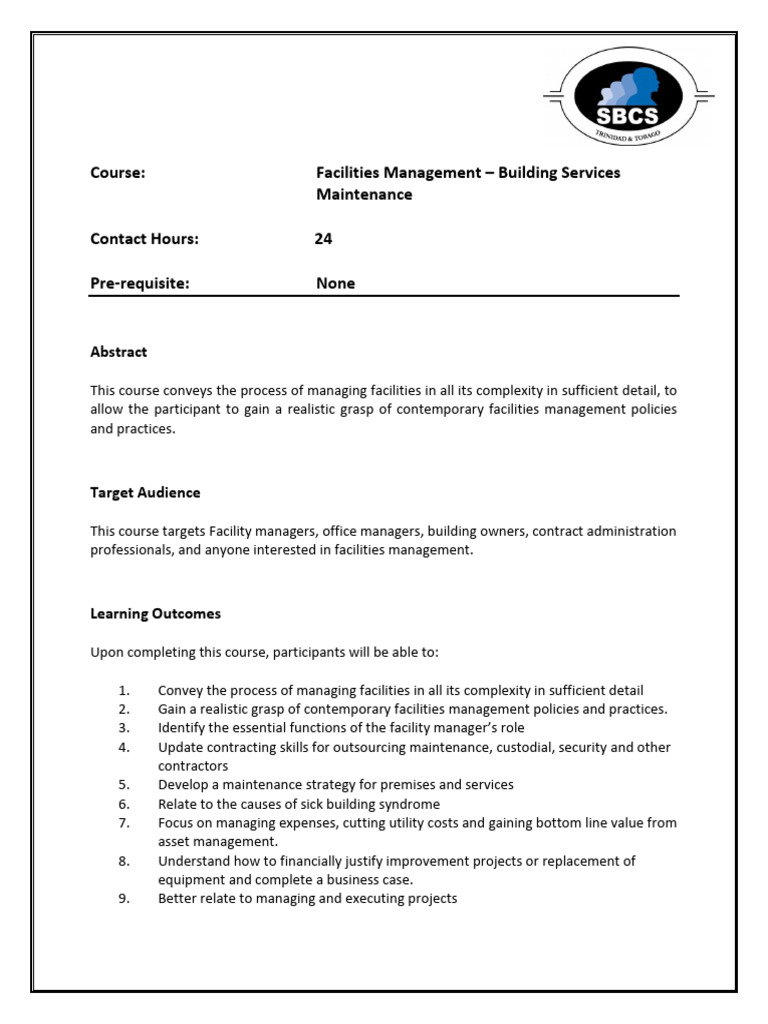 Facilities Management Course Overview | PDF | Learning | Reliability ...