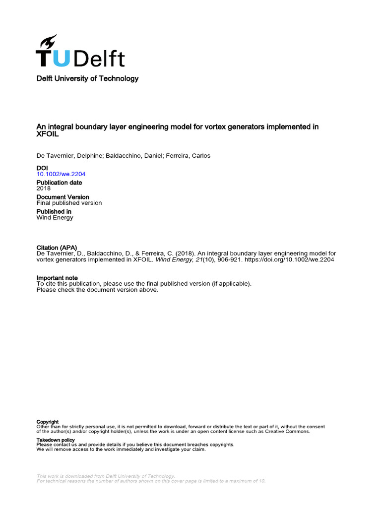 An Integral Boundary Layer Engineering Model For Vortex Generators Implemented in XFOIL | PDF ...