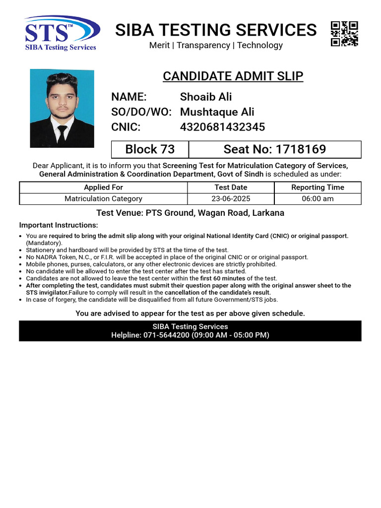 Siba Testing Services: Candidate Admit Slip | PDF
