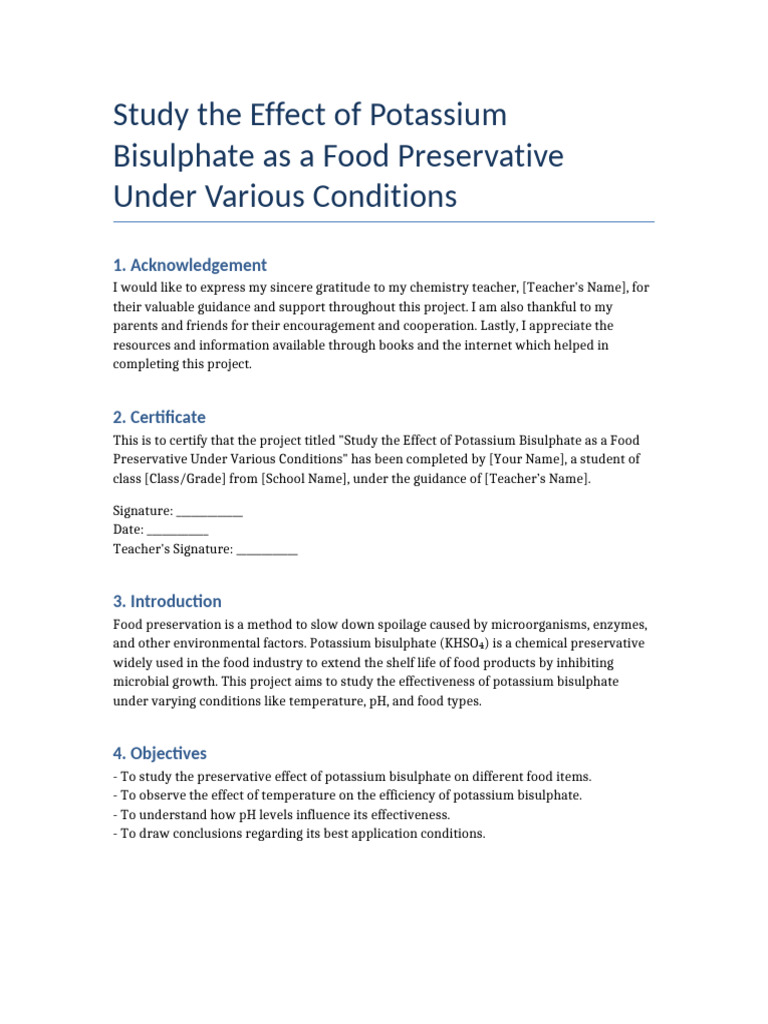 Potassium Bisulphate Food Preservative Project | PDF