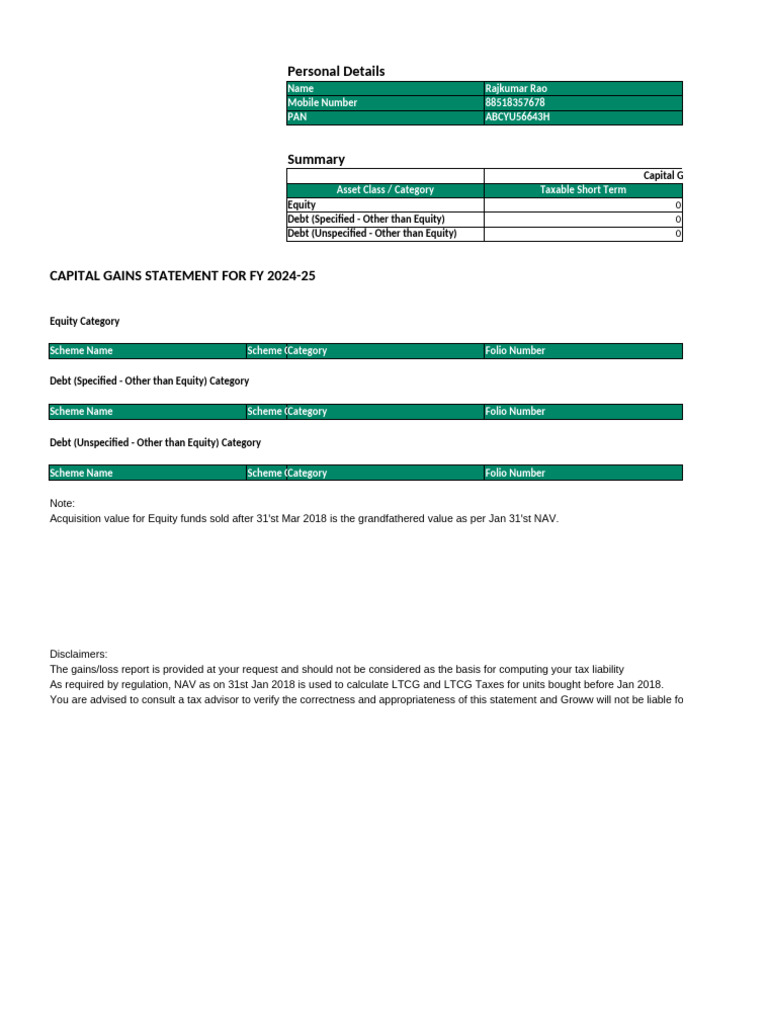 FY 2024-25 Capital Gains Statement | PDF | Equity (Finance) | Capital ...