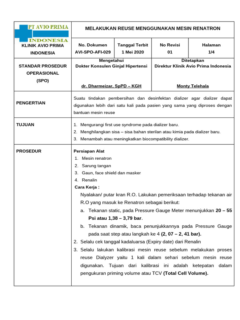 Prosedur Reuse Dialyzer dengan Renatron | PDF