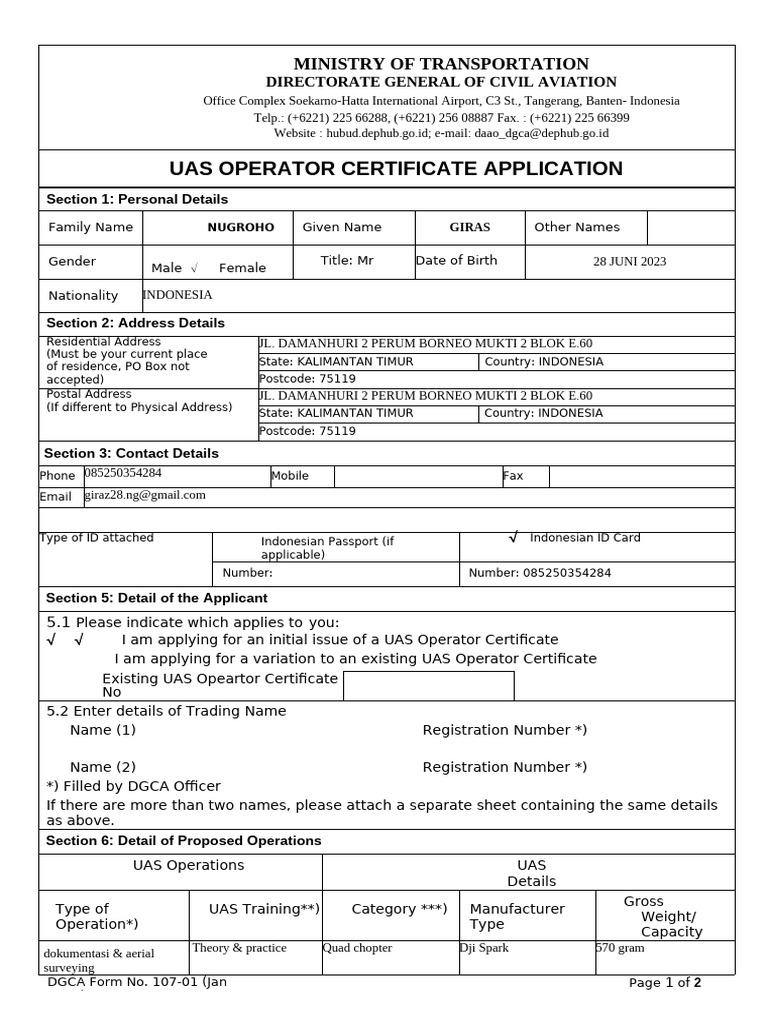 DGCA Form 107-01 UAS Operator Certificate Application Rev - 2 | PDF