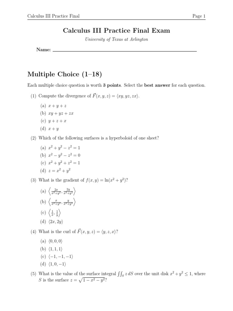 CalcIII FinalExam NoRubrics Points | PDF | Vector Calculus | Mathematical Physics