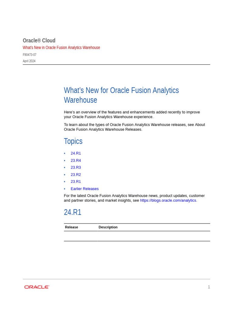 Updates in Fusion Analytics Warehouse 24.R1 | PDF | My Sql | Accounts ...