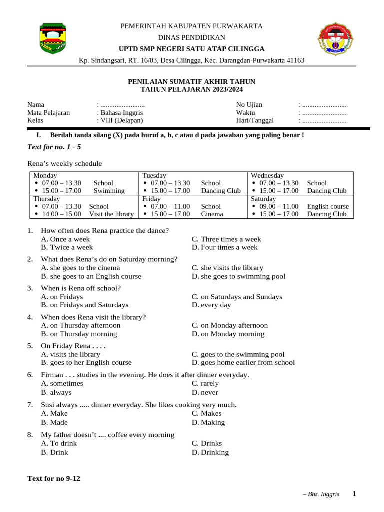 Soal ASAT Bahasa Inggris Kelas VIII 2024 | PDF