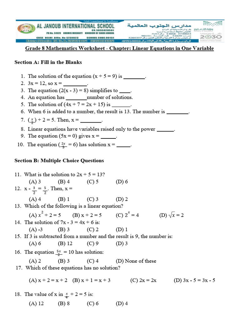 Grade 8 Mathematics Worksheet - Linear Equations in One Variable | PDF ...