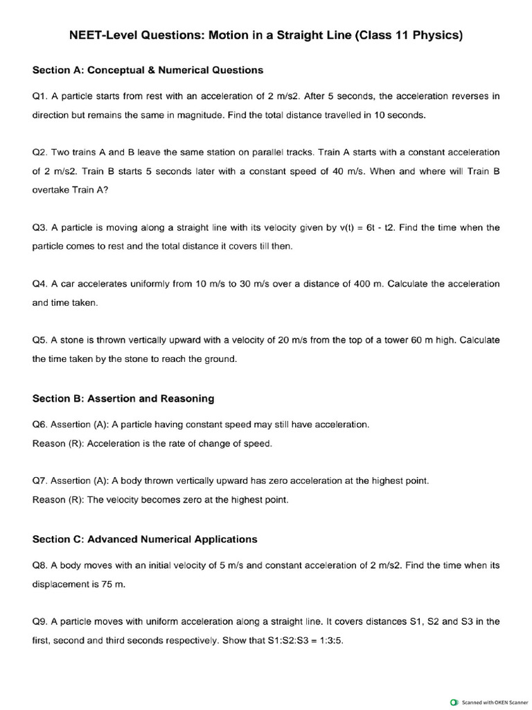 Motion in Straight Line NEET Questions | PDF