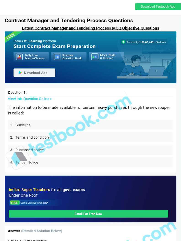 MCQ On Contract Manager and Tendering Process 5f3af3929db84b2091264f3d | PDF