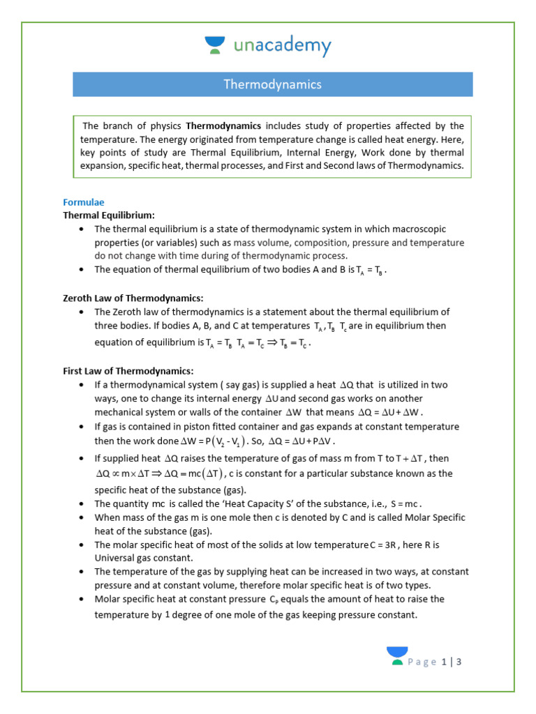 Formula Sheet - Thermodynamics | PDF | Heat | Thermodynamics