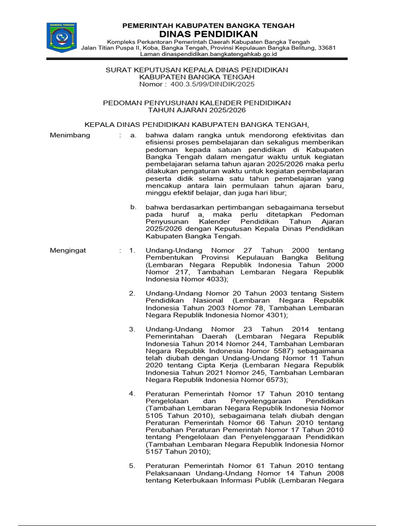 Pedoman Kalender Pendidikan 2025/2026 | PDF