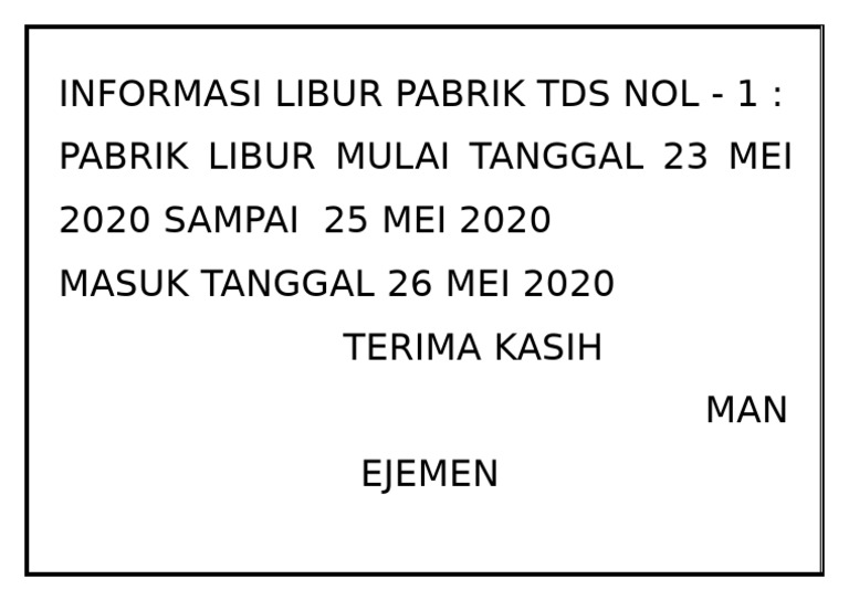 Libur Pabrik TDS NOL: 23-25 Mei 2020 | PDF