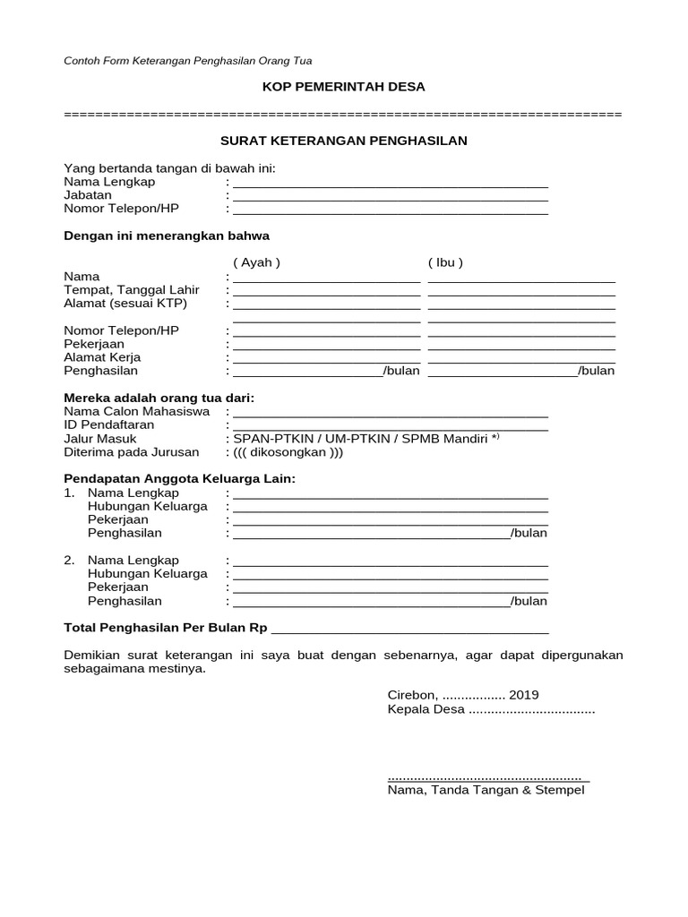 Contoh Form Keterangan Penghasilan Orang Tua | PDF