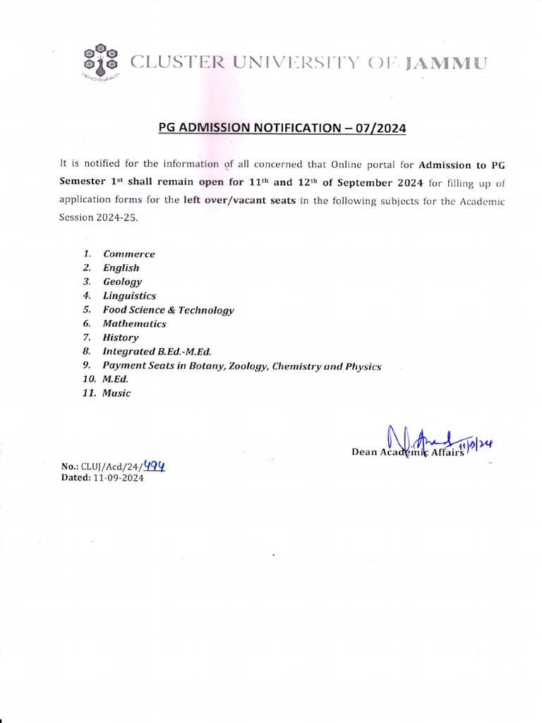 PG Admission Notification 07 of 2024 | PDF