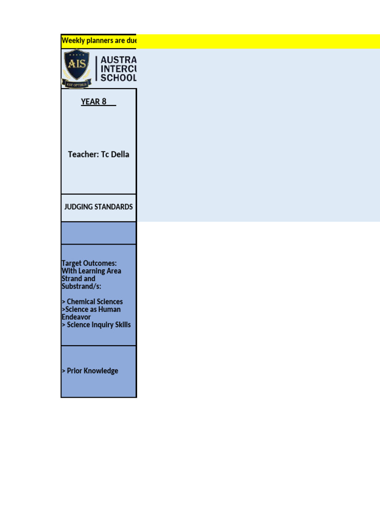 Year 8 Science Weekly Lesson Plan | PDF | Atoms | Chemical Elements