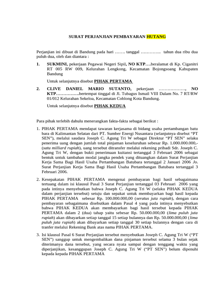 Akta Perjanjian Pembayaran Hutang | PDF