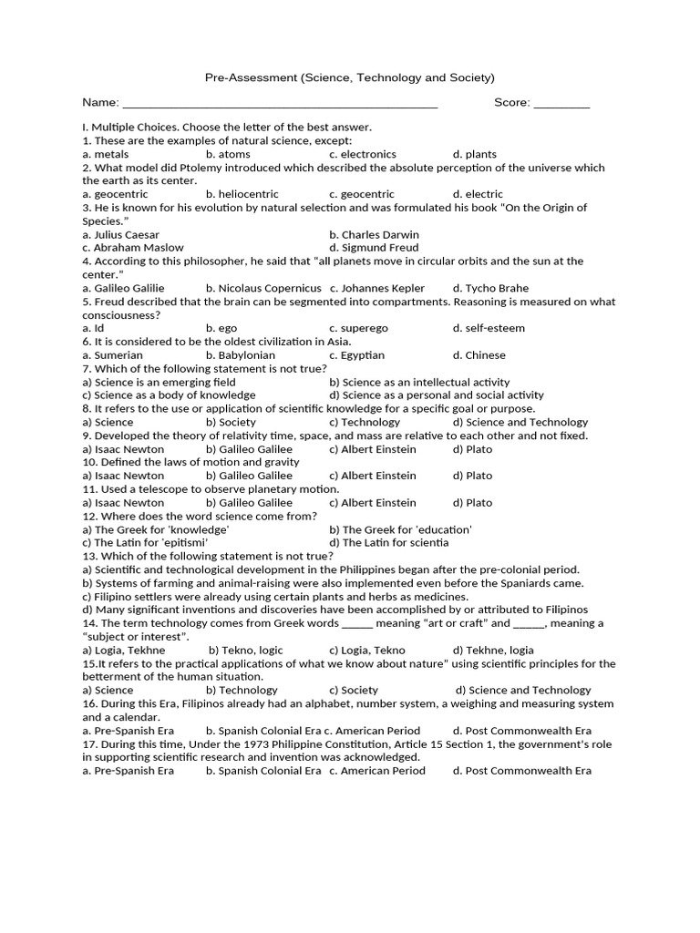 Pre-Assessment (Science, Technology and Society | PDF | Science