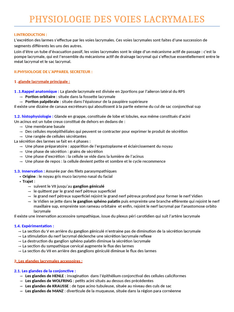 Physiologie de la glande lacrymale principale | PDF | Cornée | Épithélium