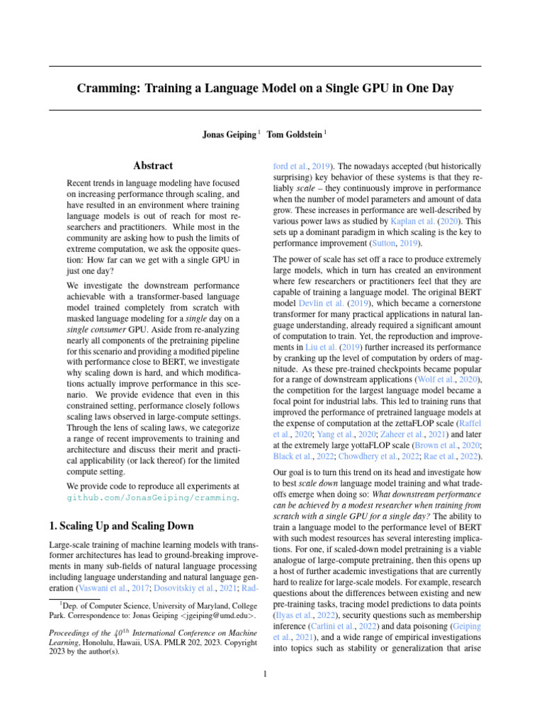 Cramming Training A Language Model On A Single GPU in One Day | PDF ...
